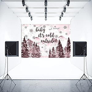 Aperturee Mountain Baby Shower Backdrop 7x5ft Baby It's Cold Outside Girl Party Decorations Banner Snow Forest Snowflake Photography Background Woodland Adventure Gender Neutral Party Supplies