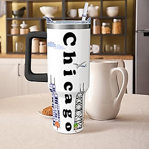Vehcimbev City Themed Tumbler - 40oz With Hanld Stainless Steel Travel Coffee Mug with Leak Proof Lid - Hot/Cold Drinks,Perfect Chicago Souvenir Gift (Chicago)