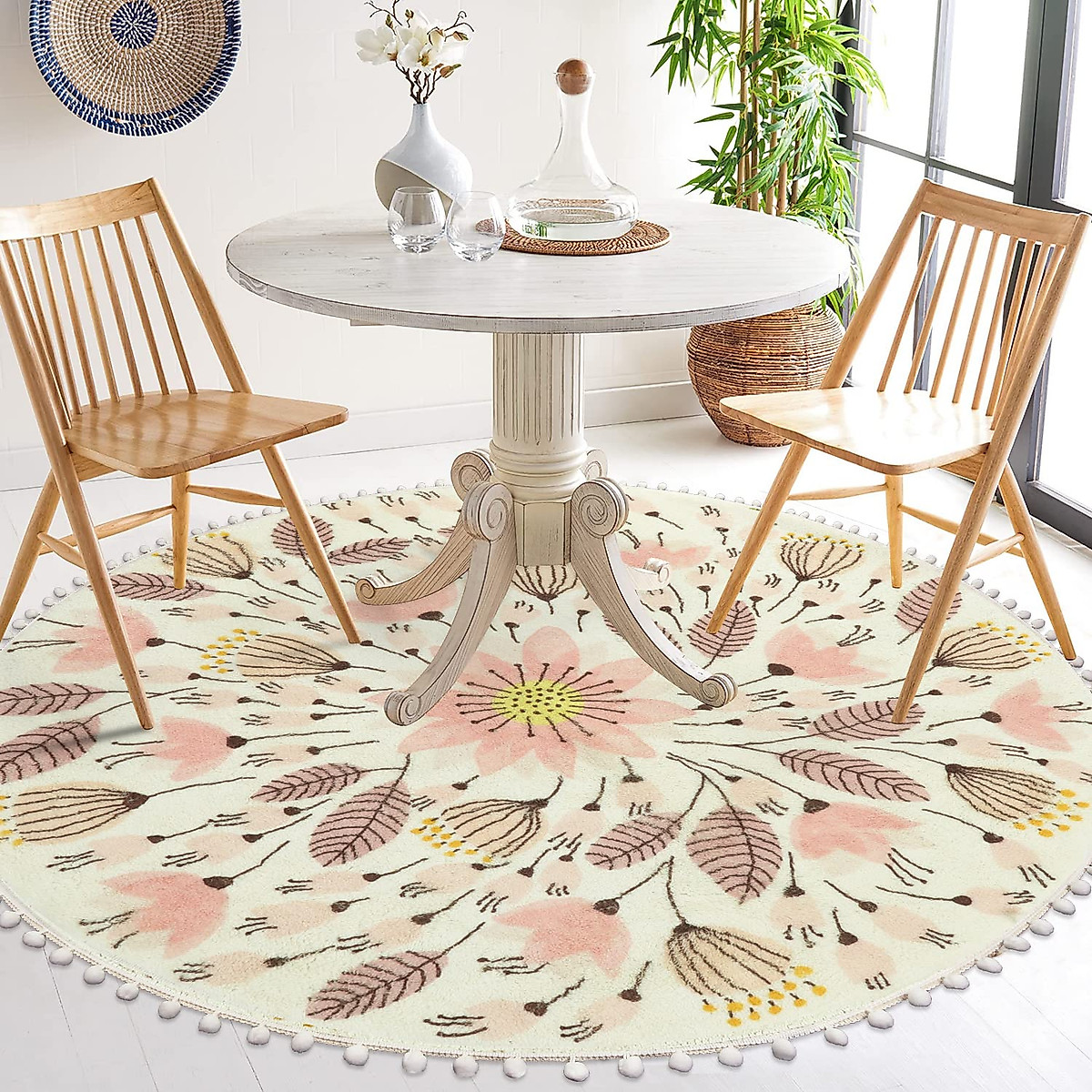 Uphome Round Rug for Bedroom 5.3' Circle Cute Area Rug with Pom Poms Fringe Floral Plant Washable Throw Rugs Non-Slip Soft Floor Mats for Entryway Laundry Living Room Kids Room Nursery, Pink