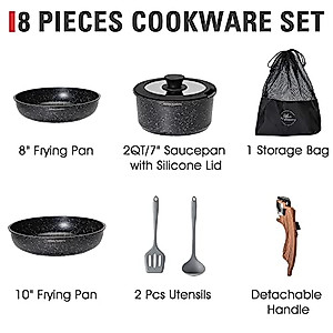 Kitchen Academy Detachable Handle Induction Cookware Sets - 10 Piece Non-stick Cooking Pots and Pans, Black Granite Stackable RV Cookware for Camp