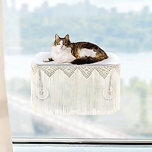 Mkono Macrame Cat Window Perch Hammock for Indoor Cats Boho Cat Window Bed with Woven Tassle Lower Iron Support Sunbathing Pet Resting Seat Safely Space Saving Swing Shelf Kitty Gift Idea