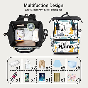 Dinosaur Personalized Diaper Bag Backpack with Name Dinosaur Custom Backpack Mommy Nappy Baby Bag Waterproof Casual Travel Daypack Tote Bag for Mom Dad Unisex Gifts