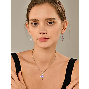 YL Cross Necklace 925 Sterling Silver Created Amethyst Pendant Religious Jewelry 18K White Gold Plated Gemstone Christian Baptism Gift