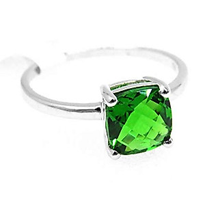 R90808G Classic Style Green Helenite Cushion Cut 8mm (1.6Ct) Sterling Silver Ring (Green, 7)