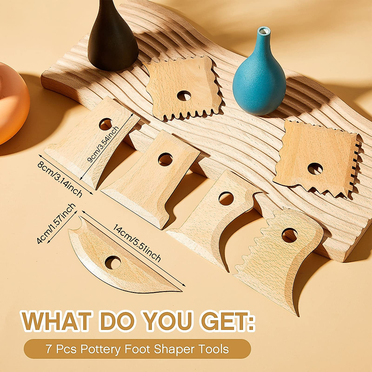 Amylove 7 Pcs Pottery Tools Pottery Foot Shaper Trimming Tools Profile Rib Bundle Foot Shaper for Ceramics for Carving Clay Molds Clay Texture Ribs Ceramics, Beech Wood, Stylish Style