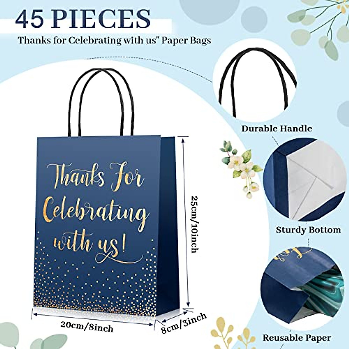 45 Pcs Wedding Welcome Bags for Hotel Guests Gold Foil Wedding Gift Bags with Handles Thanks for Celebrating with Us Paper Bags Medium Size Wedding Bags Bridal Gift Bags Baby Shower Favor (Dark Blue)