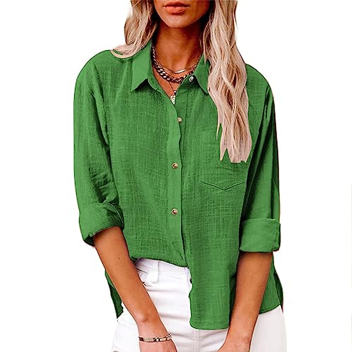 Deals of The Day Trendy Tops for Women 2023 Womens Cotton Linen Button Down Shirt 2023 Casual Long Sleeve Solid Color Shirts Loose Work Tops with Pockets Green XL