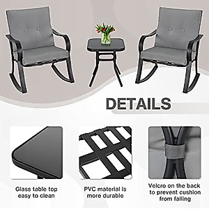 Omelaza 3 Pieces Outdoor Rocking Bistro Set, Patio Steel Furniture, Porch Chairs Conversation Set with Thickened Cushion and Glass Top Coffee Table (Grey)