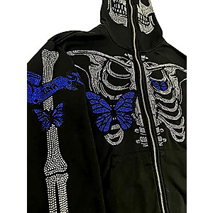 Men Rhinestone Hoodies Y2k Full Zip Up Hoodies Women Oversized Skull Skeleton Graphic Sweatshirt Zip Over Face Gothic Jackets (Blue, L)