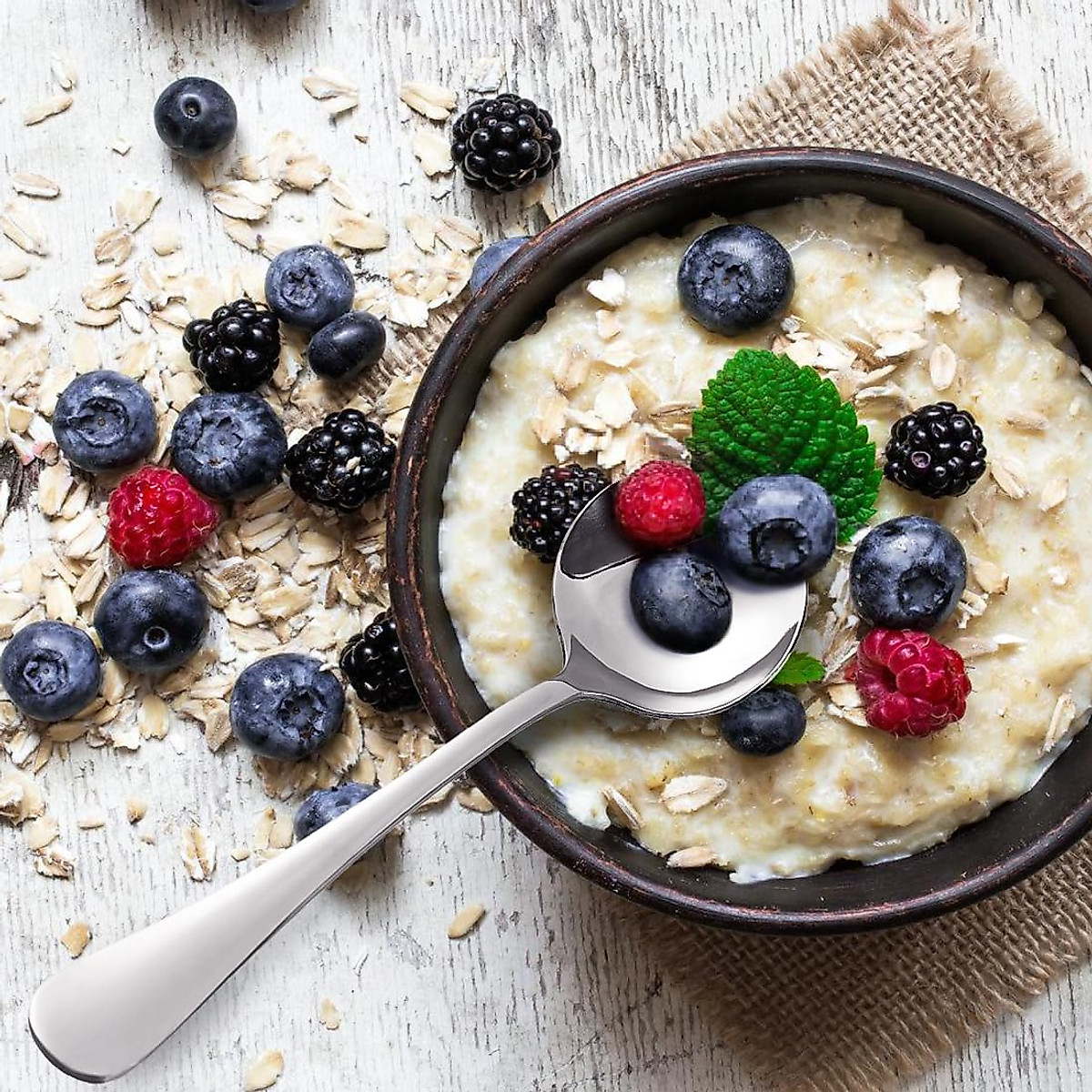 Foamia Soup Spoons, 12-Pack Stainless Steel Spoons Silverware Round Cereal Spoon Dinner Spoons Tablespoons Set for Bouillon Dessert Ice Cream Kitchen Cooking Flatware