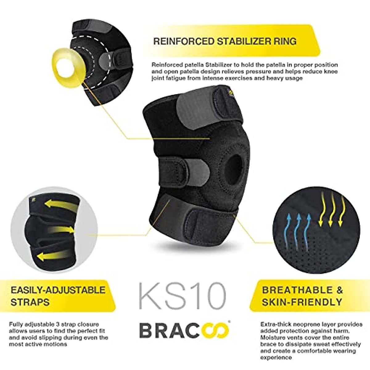Bracoo Adjustable Compression Knee Patellar Pad Tendon Support Sleeve Brace for Men Women - Arthritis Pain, Injury Recovery, Running, Workout, KS10 (Black)