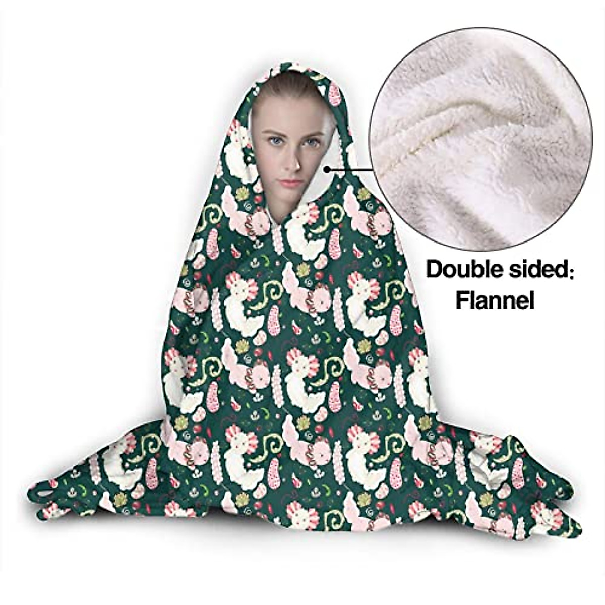 Cute Summer Kawaii Axolotl Hooded Blanket Fleece Throw Blanket Wrap Soft Warm Oversized Wearable Blanket for Women & Men