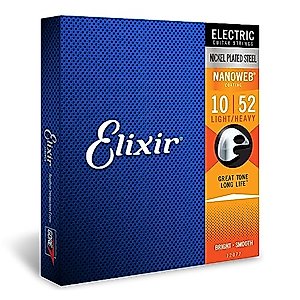 Elixir Strings, Electric Guitar Strings, Nickel Plated Steel with NANOWEB Coating, Longest-Lasting Bright Tone with Comfortable Feel, 6 String Set, Light/Heavy 10-52