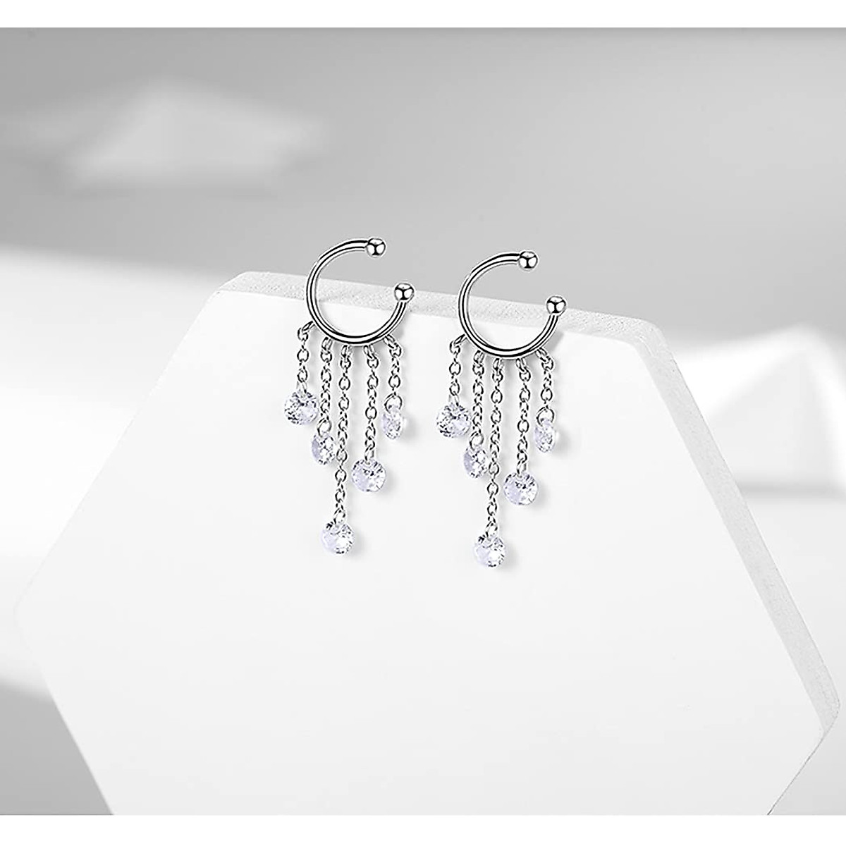 SLUYNZ 925 Sterling Silver Cuff Earrings Droplet Tassel Chain for Women No Piercing Cartilage Earrings Wrap (A-Silver)