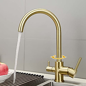 Techzm Tri Flow Water Filtration Kitchen Faucet 3 Way Water Filter Taps Brushed Golden