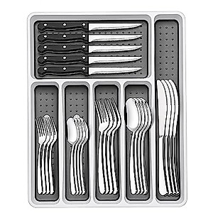 49-Piece Silverware Set with Organizer, Heavy Duty Stainless Steel Flatware for 8, Cutlery Utensil Sets with Steak Knives, Rust-proof, Mirror Polished, Dishwasher Safe