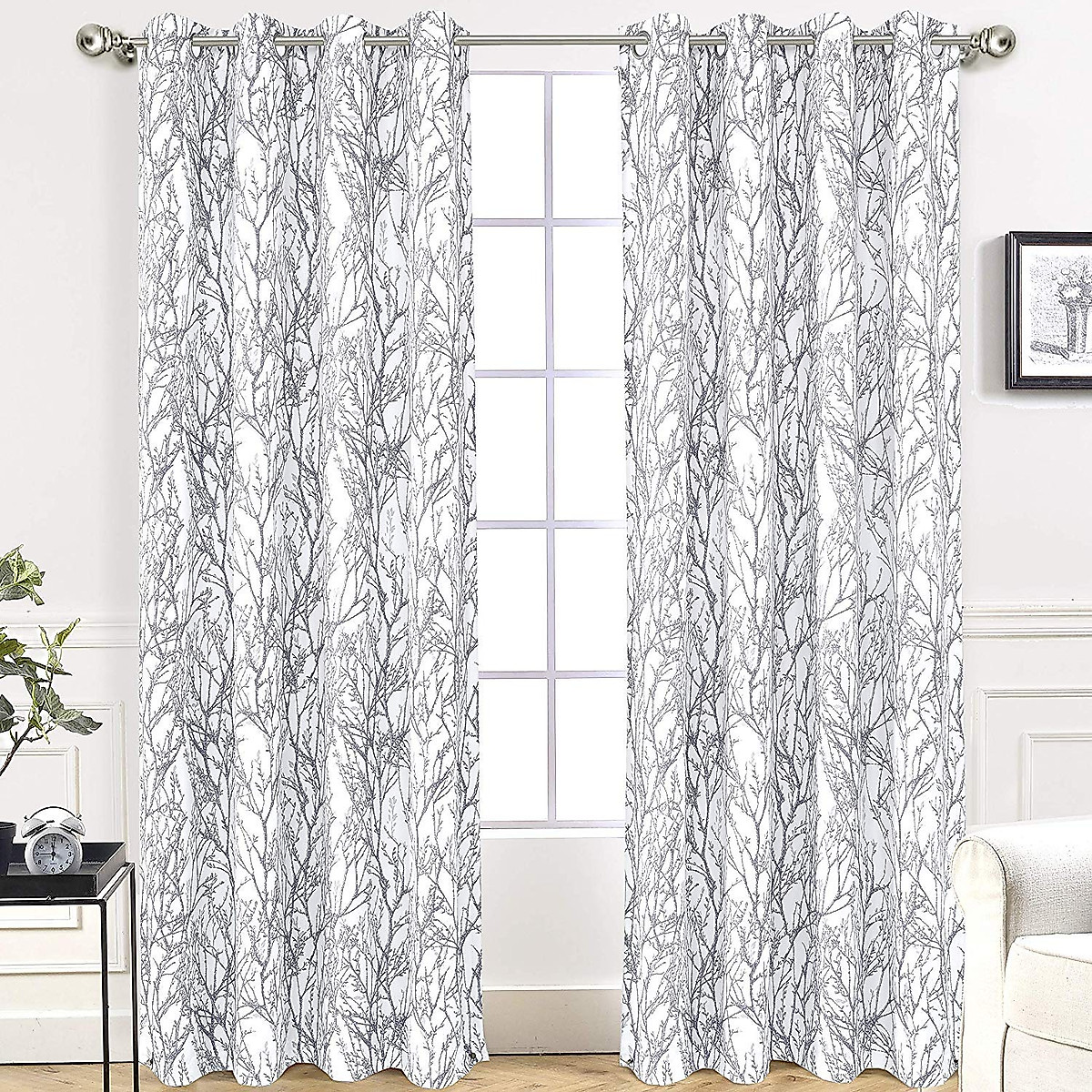 DriftAway Gray White Tree Branch Blackout Curtains for Bedroom Curtains 84 inch Length 2 Panels Set Grey Branch Lined Window Treatment Thermal Grommet Top Curtain for Living Room Winter Warm Curtain