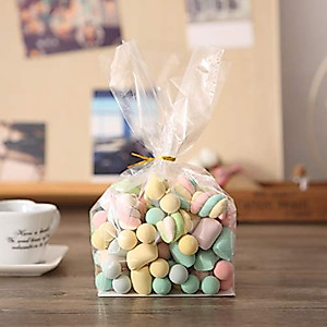 100 Clear Flat Bottomed Treat Bags with Paper Insert Twist Ties - Heat Seal Gift Wrap Polyethylene Bag for Sandwich Cookie Presenting Packaged Candy Popcorn Bakery by Quotidian (5" x 3" x 11")