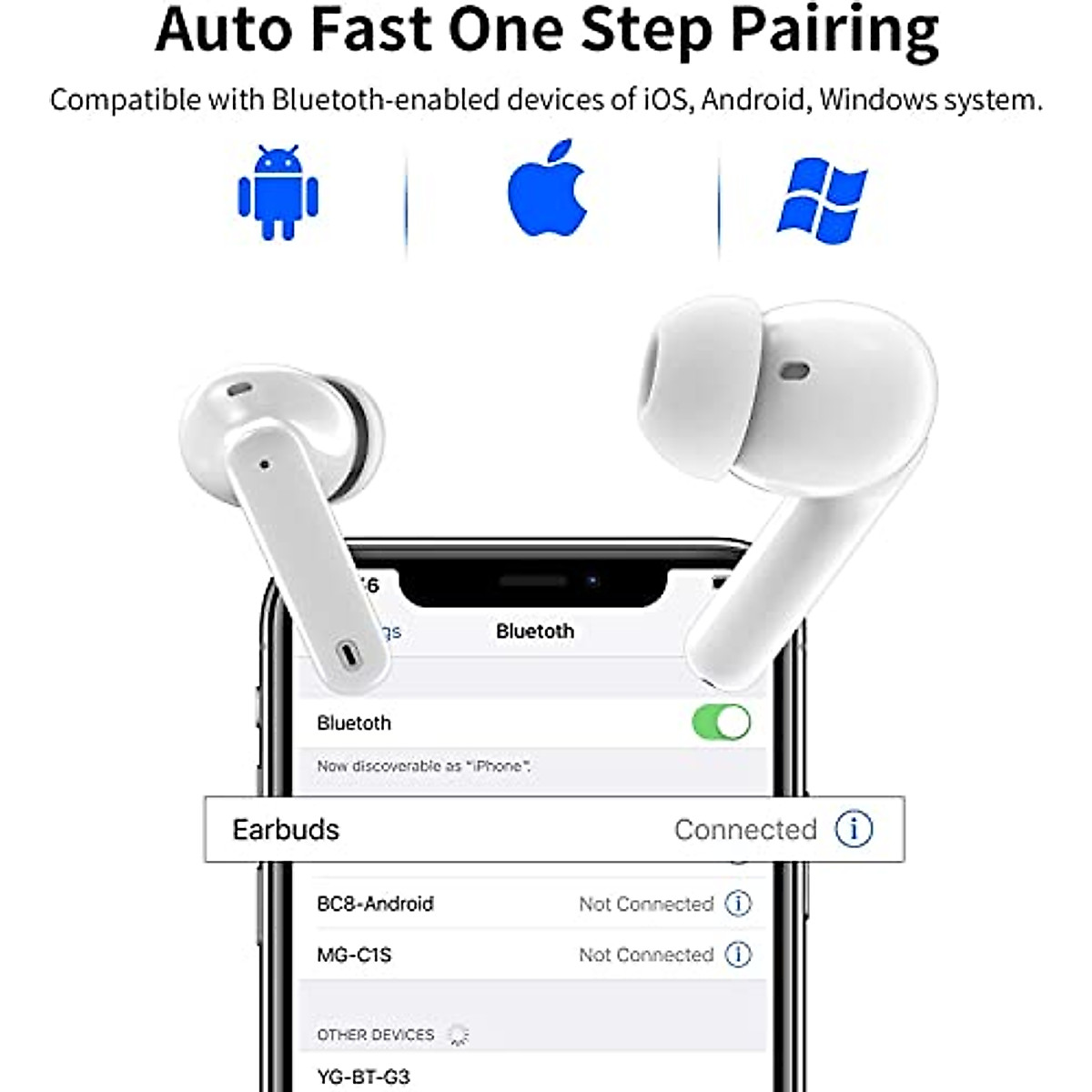 HISOOS Wireless Earbuds Bluetooth Active Noise Cancelling Headphone Wireless Ear Buds in-Ear Headphones with Charging Case IPX7 Waterproof Earphones for iPhone Android,Music Game Call (White)