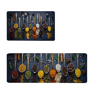 Spice Cooking Kitchen Mat Set 2 Pieces Artistic Colorful Kitchen Rug Farmhouse Non Slip Anti Fatigue Kitchen Rugs Comfort Standing Mats Runner Carpet for Sink, 17.3" x 28" + 17.3" x 47"