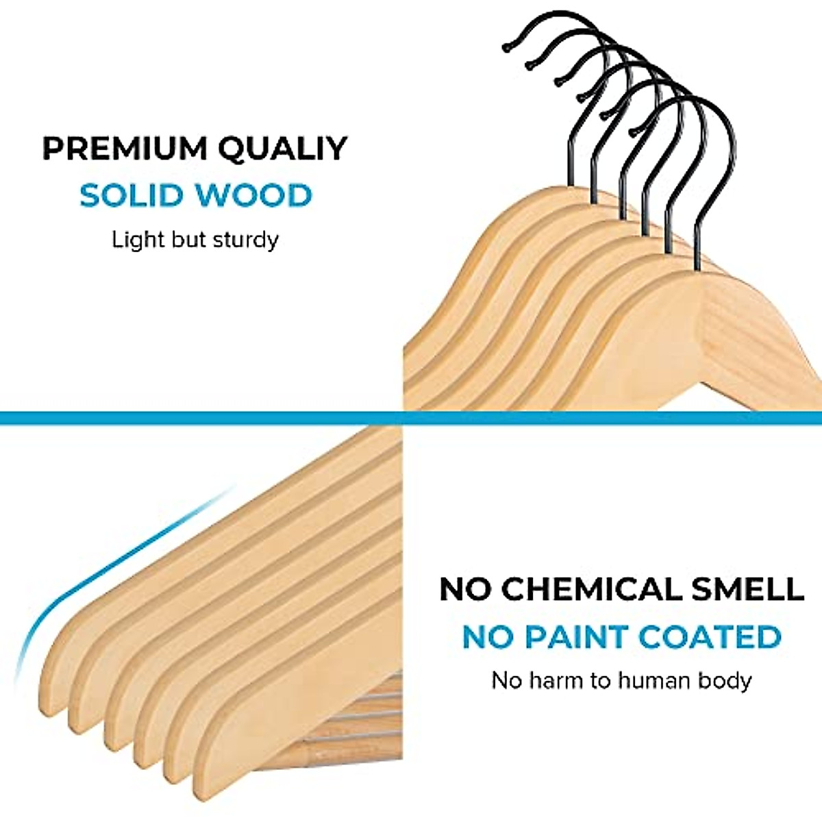 JS HANGER Wooden Coat Hangers, 16 Pack High Grade Wood Suit Hangers with Non Slip Pant Bar - Extra Smooth and Splinter Free, Unvarnished