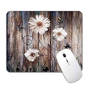 LTHAOGUO Mouse Pad, Butterfly Daisy on Wooden Personality Design Mousepad Waterproof Anti-Slip Rubber Base Office Decor Mousepad for Women Men, Laptop, Computers, 9.5 x7.9 inch, Rustic White Flower
