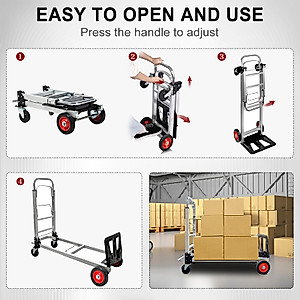 Aluminum Folding Hand Truck,440 lbs Heavy Duty 2 in 1 Convertible Hand Truck Dolly with Pneumatic Wheels,Telescopic Handles and 2 Elastic Ropes Collapsible Hand Cart for Luggage Moving Warehouse
