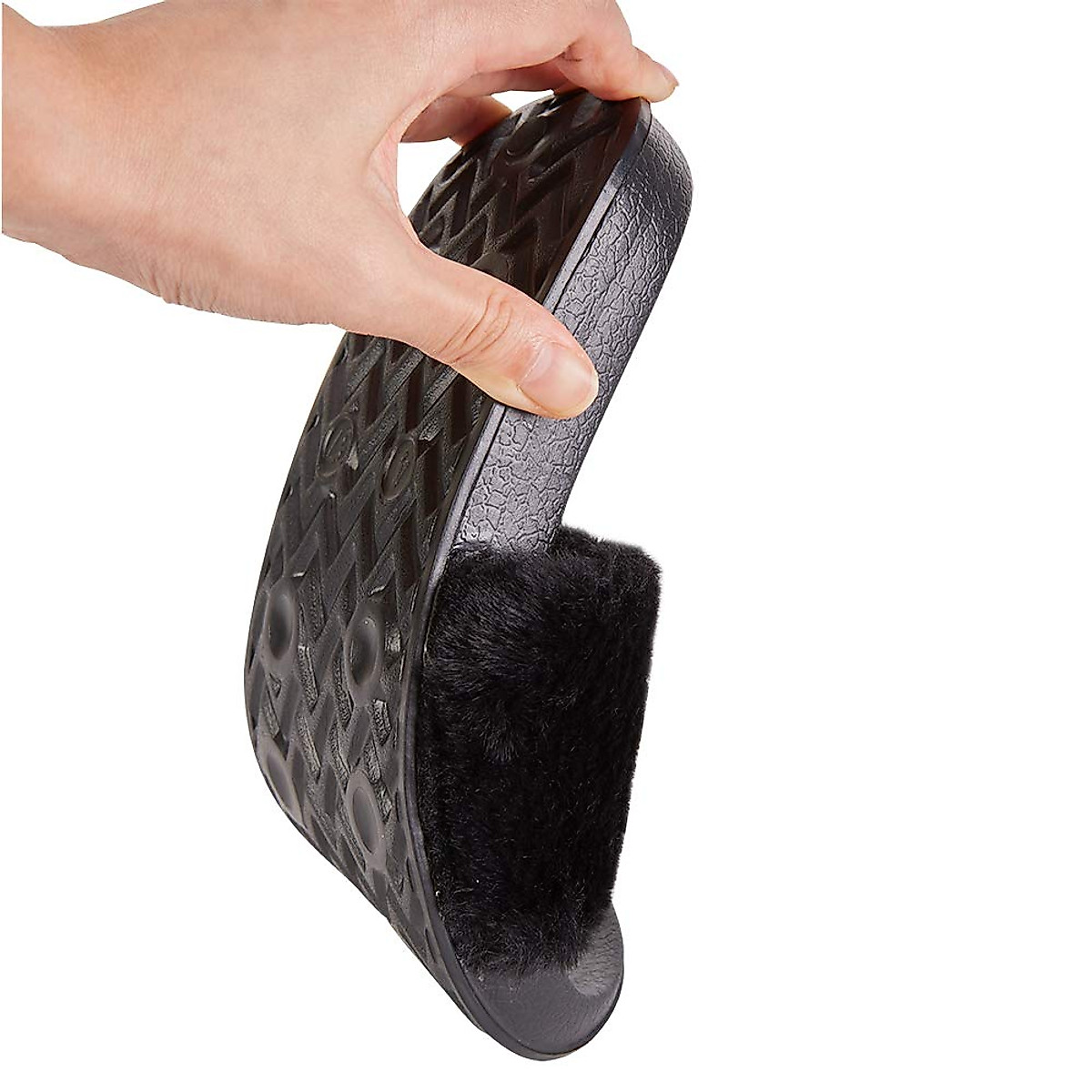 FUNKYMONKEY Women's Slides Faux Fur Cute Fuzzy Slippers Comfort Flat Sandals (9-10 M US, Black)