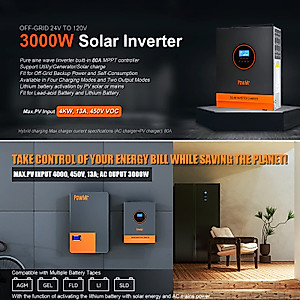 3000W Solar Inverter 24V to 120V Built in 80A MPPT Controller & 10 AWG Solar Extension Cables 50 feet(Red+Black)