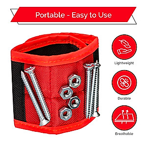 BYKES Magnetic Wristband for Holding Screws, Nuts, Nails and Bolts | Powerful Super Strong Magnetic Tool Wristband for Men and Women | Large Magnetic Wrist Tool Holder | Tool Gifts for Men | Red/Black