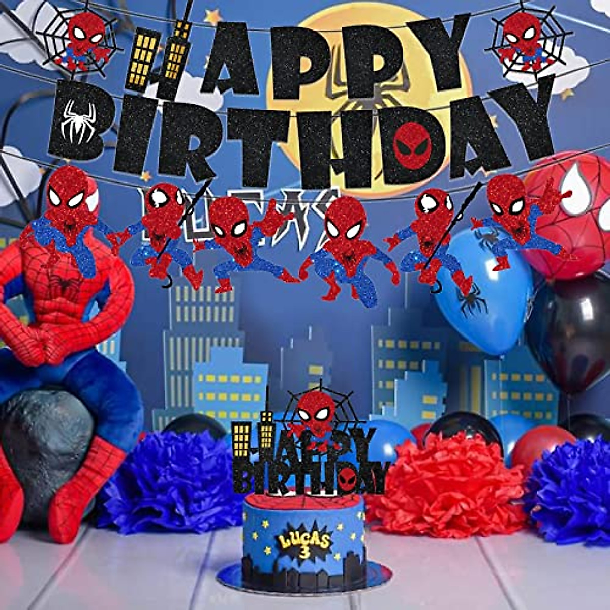 Glittery Spider Hero Birthday Party Banner and Cake Topper Decorations,Red Black Spider Hero Theme Party Decorations Supplies for Kids