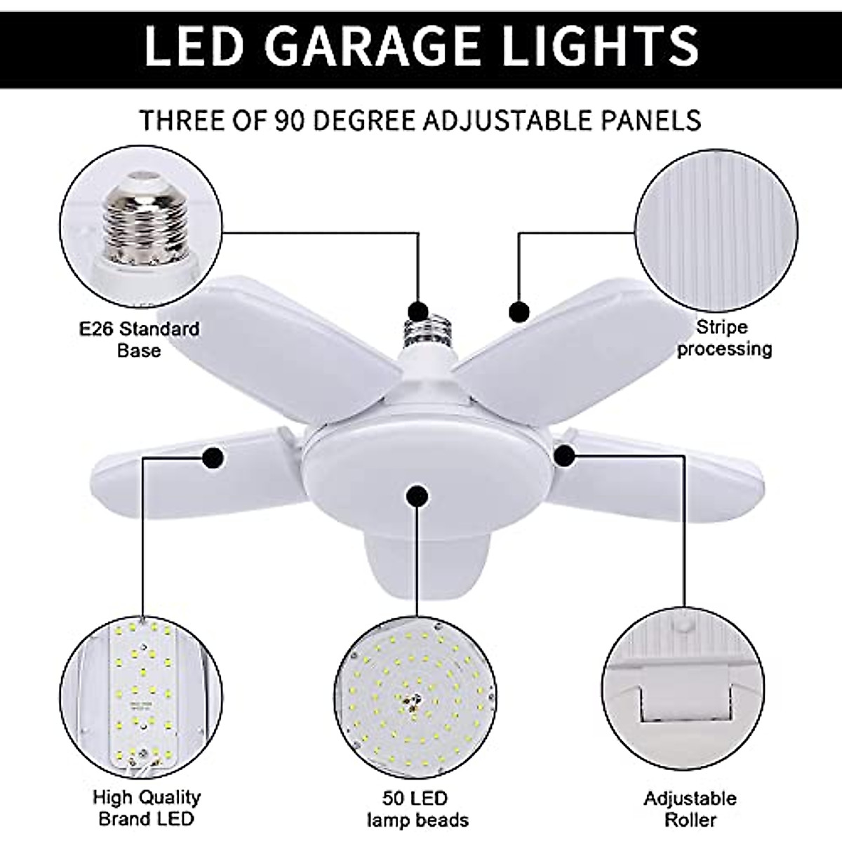 RGZZUP 6PACK LED Garage Lights,E26 100W Deformable Led Garage Ceiling Lighting 10000LM E26/E27 Daylight 6000K LED Ceiling Lights Adjustable Led Garage Light Extended Base for Garage,Warehouse