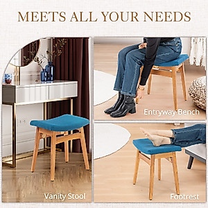 LUE BONA Foot Stool, Saddle Cushion Vanity Stool, Modern Concave Ottoman with Solid Wood Legs and Upholstered Seat for Entryway, Bedroom, Patio, Living Room, 17", Blue