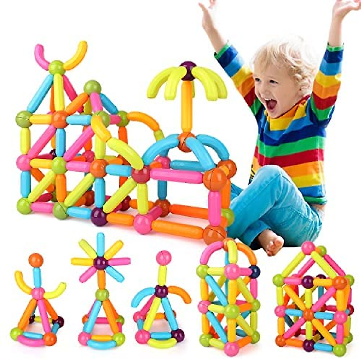 74 PCS Magnetic Balls and Rods Set,Magnetic Building Sticks Blocks Toys,Magnet Educational Toys STEM Toys for Kids,Learning Magnetic Toys for Boys Girls Age 3 4 5 6 7 8+ Years Old Gifts