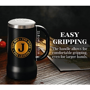 Onebttl Personalized Travel Mug with Handle, Beer Stein for Men, Funny Custom Alcohol Gifts for Beer Lovers, Unique Birthday Christmas Gifts for Him, the Man the Myth the Legend, J