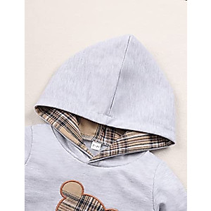 Yoxindax Toddler Baby Boy Clothes Outfits Plaid Bear Long Sleeve Hoodie Sweatshirt Patchwork Pants Spring Clothes for Boys(2-3t)