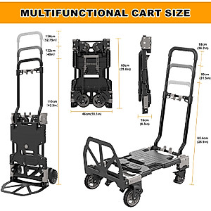 2 in 1 Folding Hand Truck Dolly, 330LB Heavy Duty Carrying with 4 Wheels Foldable, Portable Dolly with Retractable Handle, Include 2 Bungee Cords, for Moving, Luggage, Office