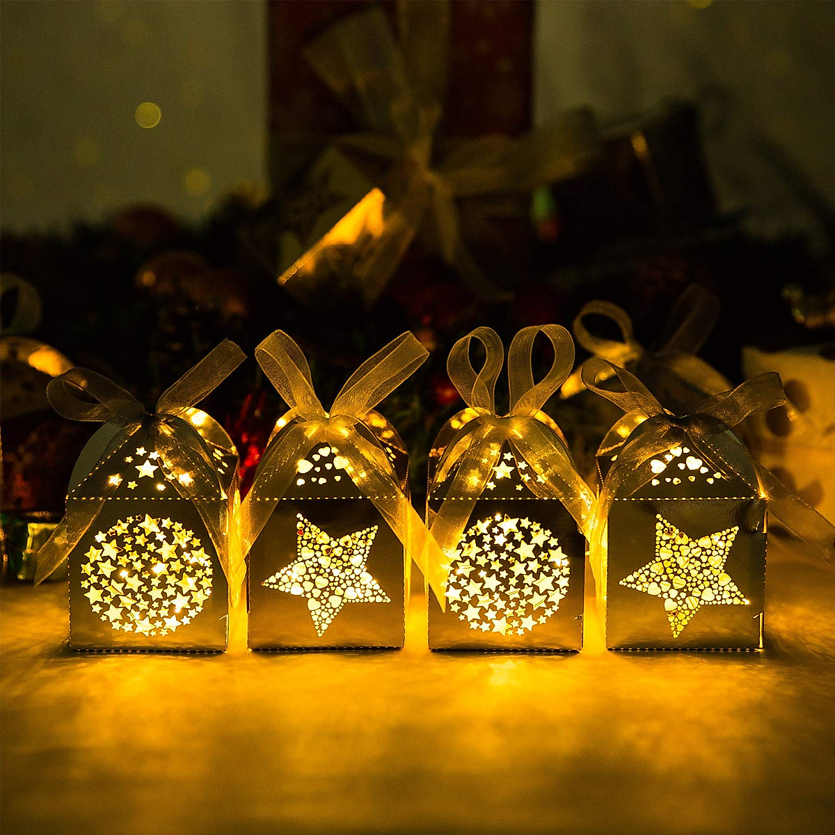 Naler 40pcs Mini Paper Treat Boxes Candy Goodie Gift Boxes with Ribbon for Halloween Christmas Wedding Favor Party Gift Wrap Decoration, Gold & Silver, 2 x 2 x 3 Inches