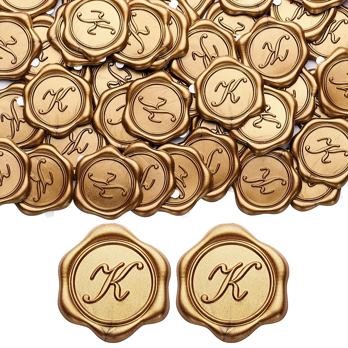 Yoption Initial K Wax Seal Stickers, 50 Pack Antique Gold Self Adhesive Envelope Seal Stickers for Wedding Party Birthday Christmas (K)
