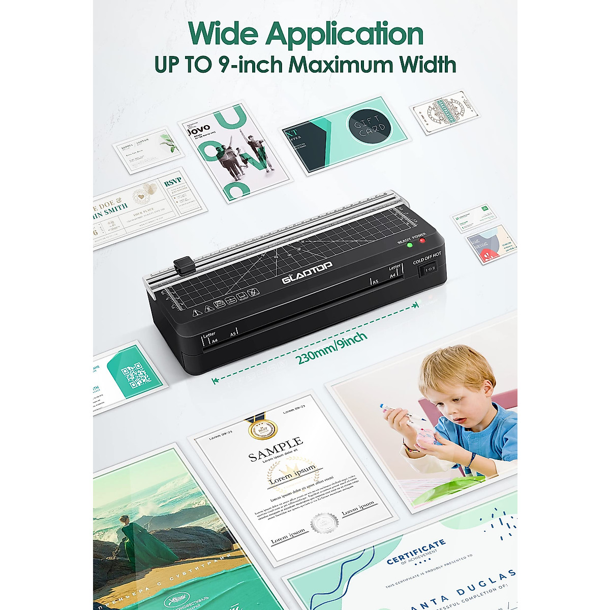 A4 Laminator, 9 inches Laminator Machine Built in Paper Trimmer with 30pcs Thermal Laminating Pouches Sheets, Corner Rounder, 70s Fast Warm-up, Portable Personal Laminator for Home/Office/School