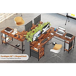 Furologee 66” L Shaped Desk with Power Outlet, Computer Desk with File Drawer & 2 Monitor Stands, Home Office Desk with Storage Shelves, Corner Desk for Gaming Writing, Work Study Table, Rustic Brown