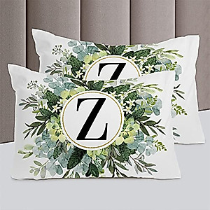 Queen Duvet Cover Set - Eucalyptus Leaves 4 Pcs Comforter Cover Bedding Sets with Zipper Closure, Z Monogram Letter Watercolor Teal Botanical Microfiber Bed Sheet Soft Quilt Cover with 2 Pillow Shams