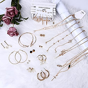 AROIC 38 PCS Gold Jewelry Set with 4 PCS Necklace,10 PCS Bracelet,24 PCS Layered Ball Dangle Hoop Stud Earrings for Women Girls Jewelry Fashion and Valentine Birthday Party Gift