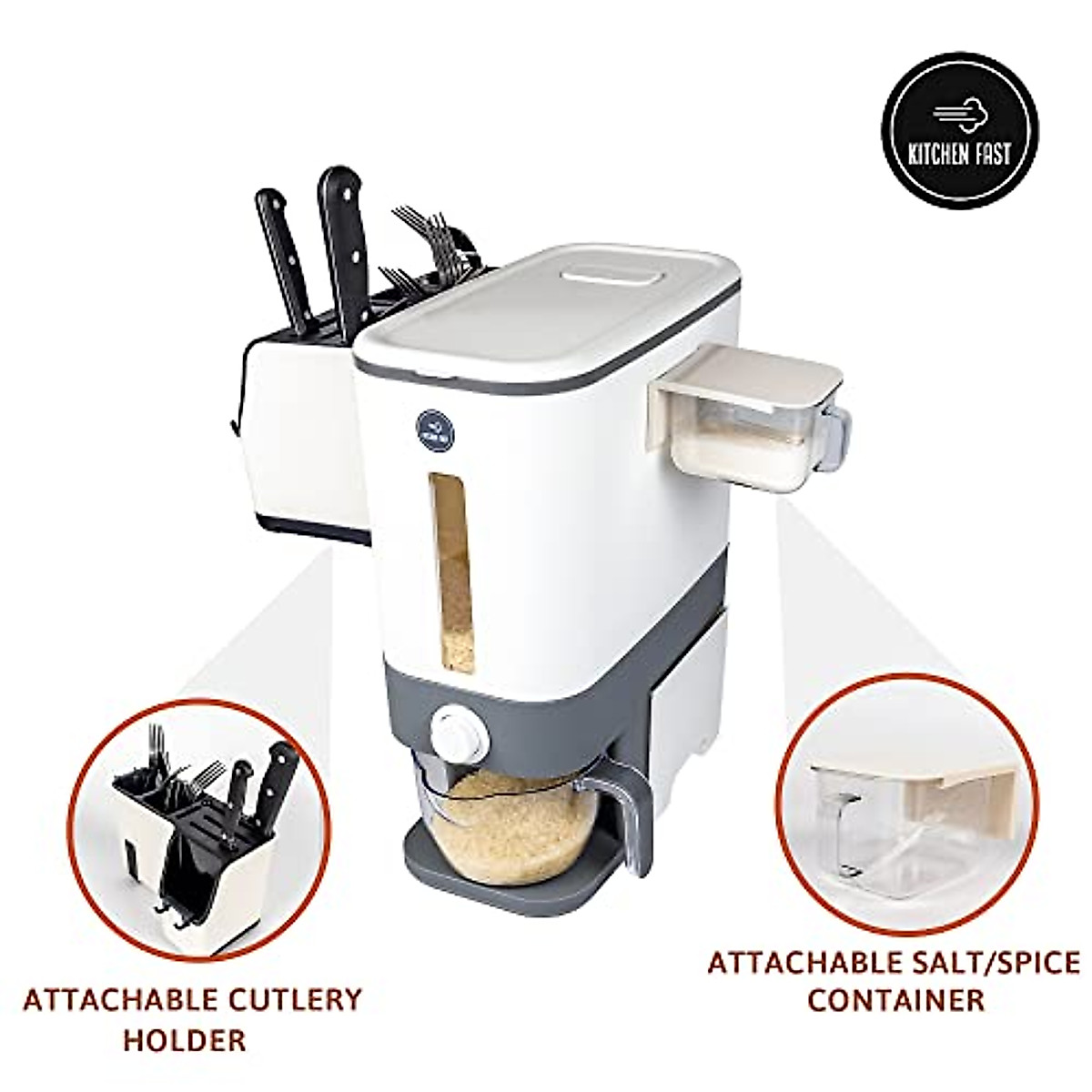 KITCHEN FAST–22LBS Rice Dispenser–Food Dispenser-Attachable Cutlery Holder and Salt/Spice Container–Large Grain Storage with Lid–Extra Storage Box-Moisture Proof-Optimizes Kitchen Space–Rice Storage