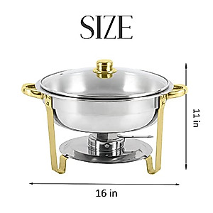 Restlrious Chafing Dish Buffet Set 4 Pack Stainless Steel Round Chafers and Buffet Warmers Set with Glass Lid in Gold Accents, 5QT Complete Set for Buffet Catering w/Water and Food Pan, Fuel Holder