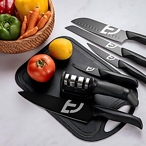 Emojoy Knife Set, 16 Pieces Black Knife Set for Kitchen with 3-Stage Professional Sharpener and Cutting Board, Super-Sharp High Carbon Stainless Steel Kitchen knives, Ergonomic Handle, All Black