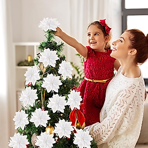 Sggvecsy 24 Pcs Christmas Glitter Poinsettia Flowers Christmas Tree Ornaments Artificial Christmas Flowers Decorations with Clips for Xmas Holiday Wedding Wreath Party Floral Decorations (White)