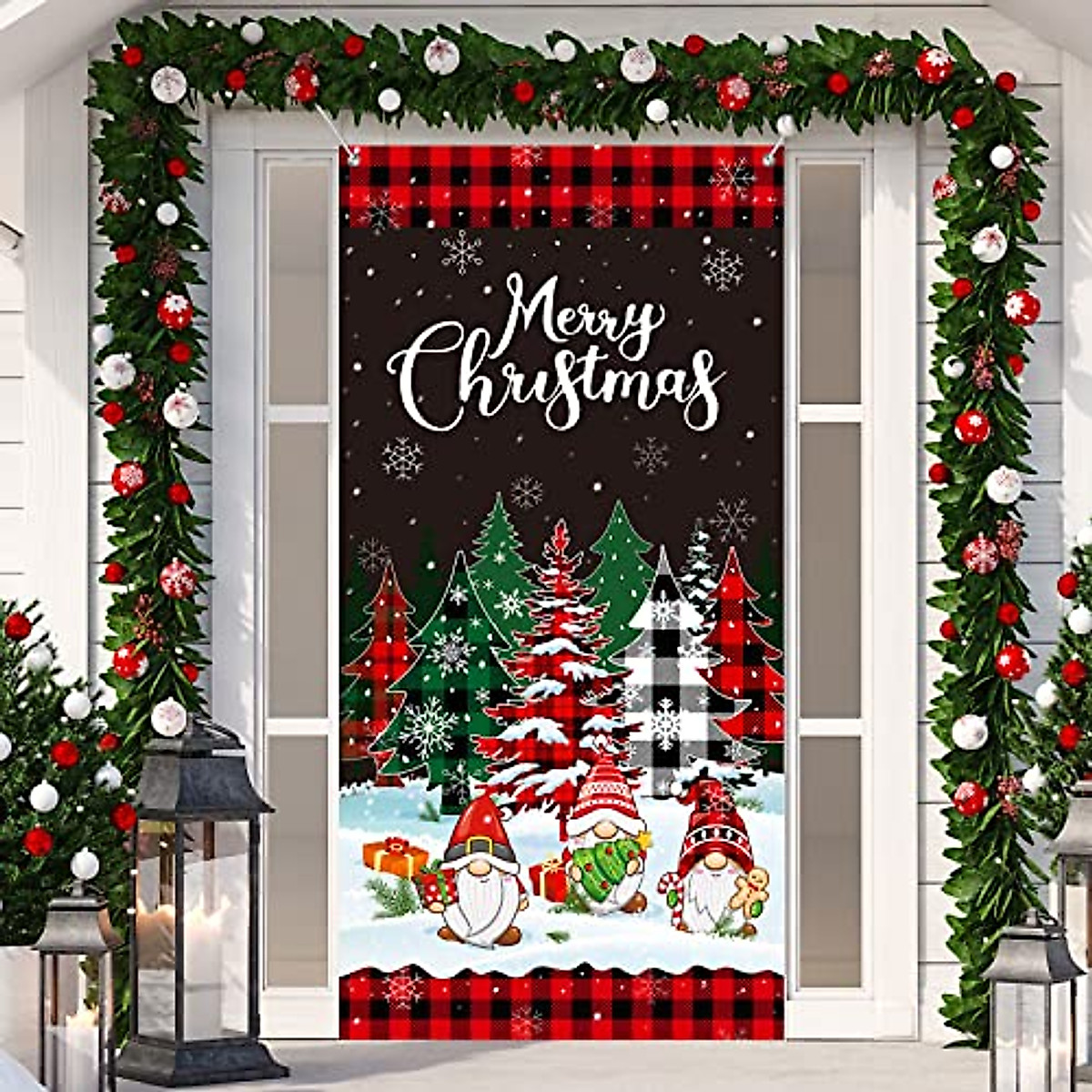 Christmas Door Cover Merry Christmas Door Banner Backdrop Buffalo Plaid Christmas Tree Door Hanging Cover for Xmas Winter Holiday Photography Hanging Decorations Supplies, 71 x 35 Inch