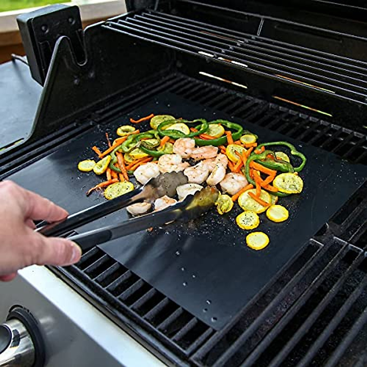 Gyvazla BBQ Grill Mat Set of 5, Non Stick Oven Liner Teflon Barbecue Cooking Mats, Perfect for Baking on Gas, Charcoal, Oven and Electric Grills - Reusable, with Oil Brush