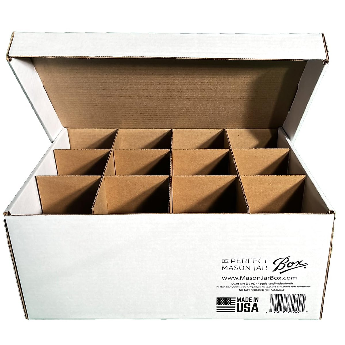The Perfect Mason Jar Box, Quart. Set of 3 Cardboard Canning Jar Storage & Moving Boxes. Each Box Holds 12 Quart-Size Jars (32 oz), No Tape Required